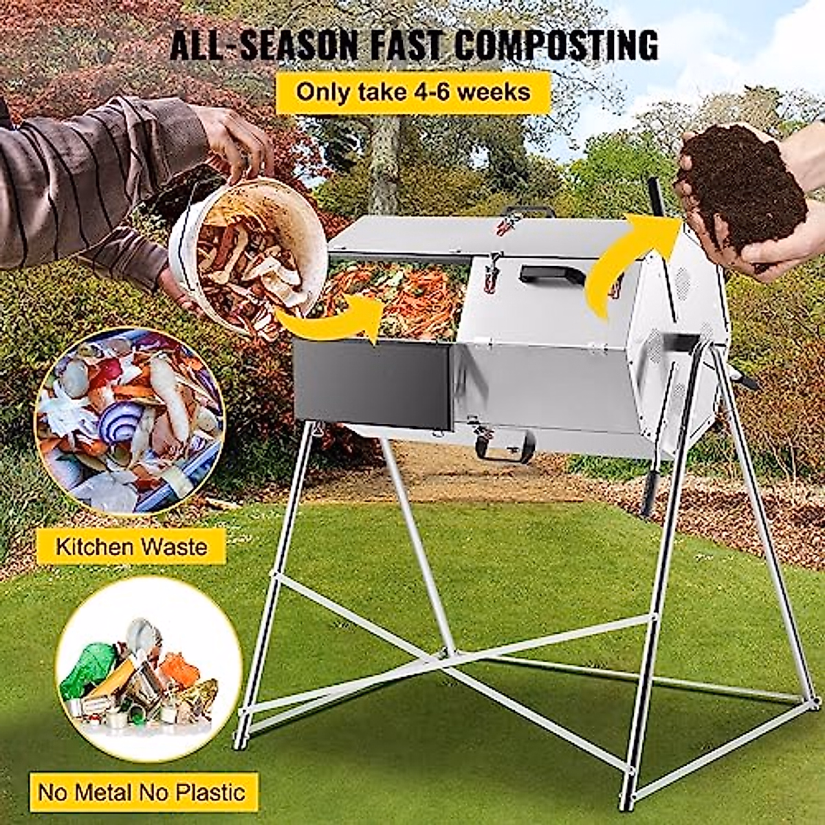 Compost Bin Stainless Steel Dual-Chamber Garden Composter 33/71/106 Gallons Capacity Composting Trash Can for Kitchen Yard (Color : 125L, Size : 1)