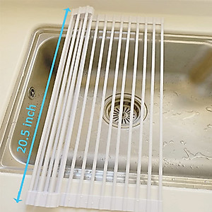 ZOIMINU White Roll Up Dish Rack, Over Sink Dish Drying Rack, Heat-Resistant Anti-Slip Stainless Steel Dish Drainer with Silicone-Coated for Cups Fruits Vegetables - 20.5" x 13.1"