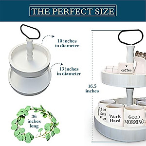 ILLUMINE CRAFTS – Two Tiered Tray – Farmhouse Tiered Tray Decor – Tiered Serving Tray – 2 Tier Fruit Basket – 2 Tiered Tray Stand – White Rustic Farmhouse Decor – 2 Tier Tray Decor with Leaf Stem