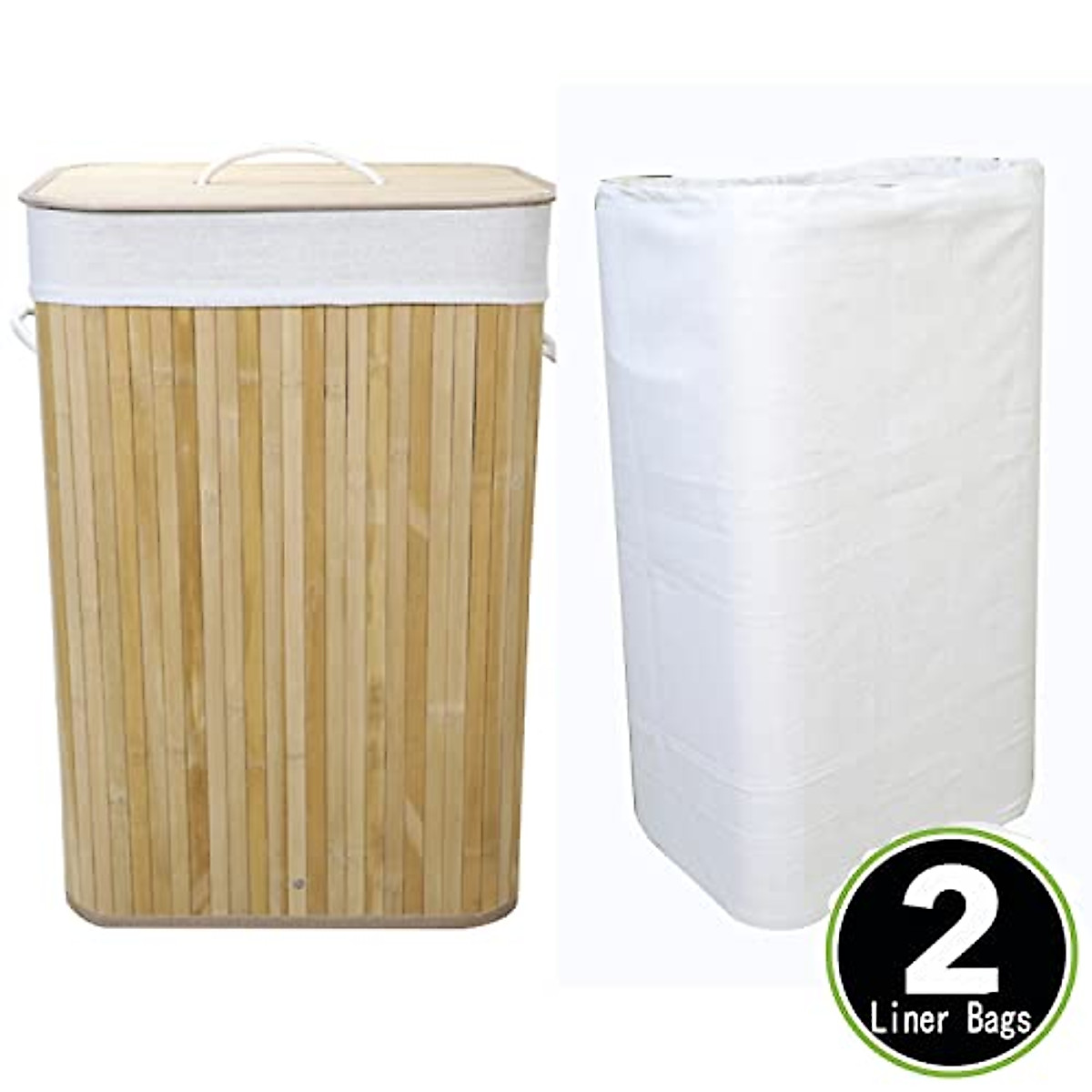 Clothes Laundry Hamper with 2 Removable Liner Bags,Handwoven Bamboo Laundry Basket with Easy Carry Handles