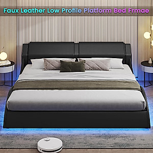 DICTAC King Led Bed Frame Modern Faux Leather Low Profile Platform Bed Frame King Size with RGB LED Lights and Headboard Wave Like Curve King Bed Frame,Wood Slats Support,Easy Assembly,Black