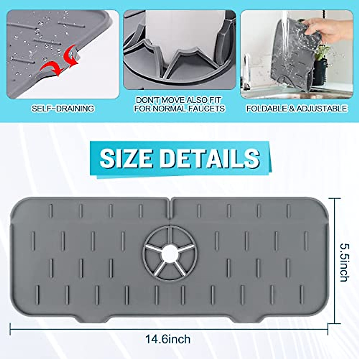 Faucet Handle Drip Catcher - Silicone Faucet Handle Drip Catcher Mat for Kitchen Sink,Silicone Faucet Mat Fit Most Faucets,Faucet Drying Mat for Kitchen & Bathroom Countertop Protect（Gray)