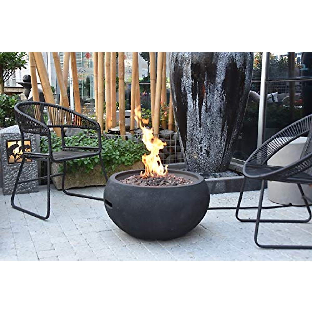 Modeno Outdoor York Fire Pit Table Grey Durable Round Fire Bowl Glass Fiber Reinforced Concrete Propane Patio Fire Place 27 Inches Electronic Ignition Cover and Lava Rock Included
