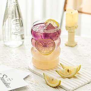 KEMORELA 18oz Wave Shape Beverage Glasses With Straws,Vintage Glass Cups Wine Mugs Of 4 Set, Ripple Drinking Glasses,for Juice Beer Wine Champagne Cocktail Home Kitchen Bar Mixed Drinks (4PCS-Clear)