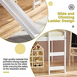 NAFORT Twin Loft Bed with Slide, Low Loft Bed with Stairs, Solid Wood Twin Loft Bed Frame for Girls Boys with Climbing Ladders Guard Rails and Slat Support - White