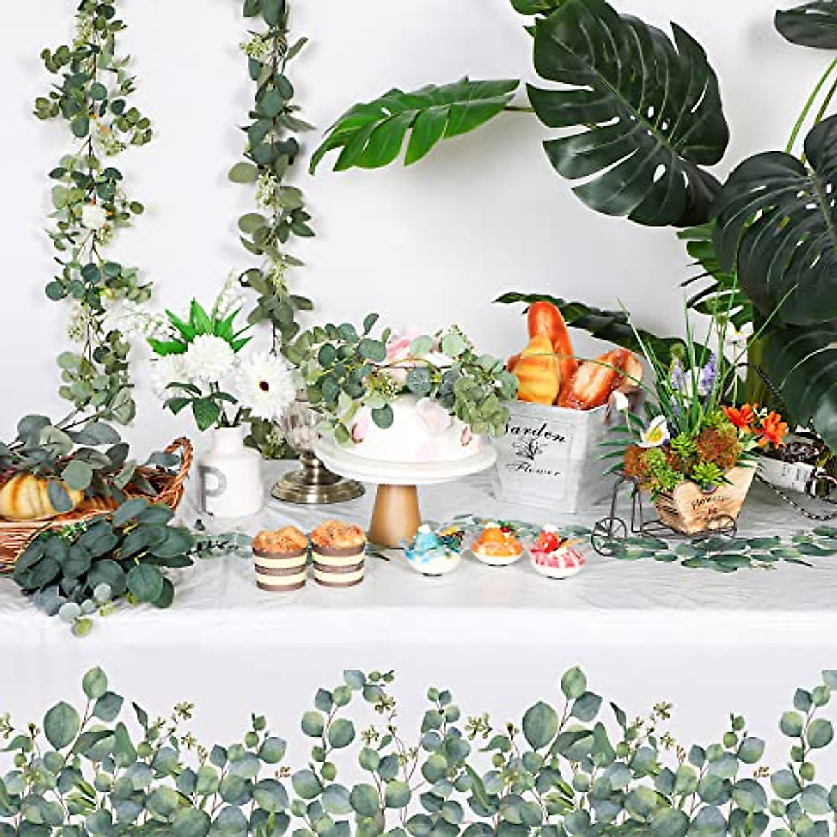 Remagr Eucalyptus Leaf Tablecloths Plastic Sage Greenery Table Cover Rectangle Disposable Green Leaves Cloths Decorations for Baby Bridal Shower Birthday Spring Summer Party, 108 x 54 Inch (3 Pcs