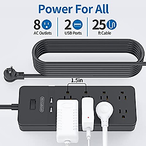 25 ft Extension Cord Flat Plug, NTONPOWER 8 Outlet Surge Protector Power Strip with USB Ports, 15A Circuit Breaker, Wall Mount Surge Protector for Home, Office, Workbench or Garage, ETL Listed, Black