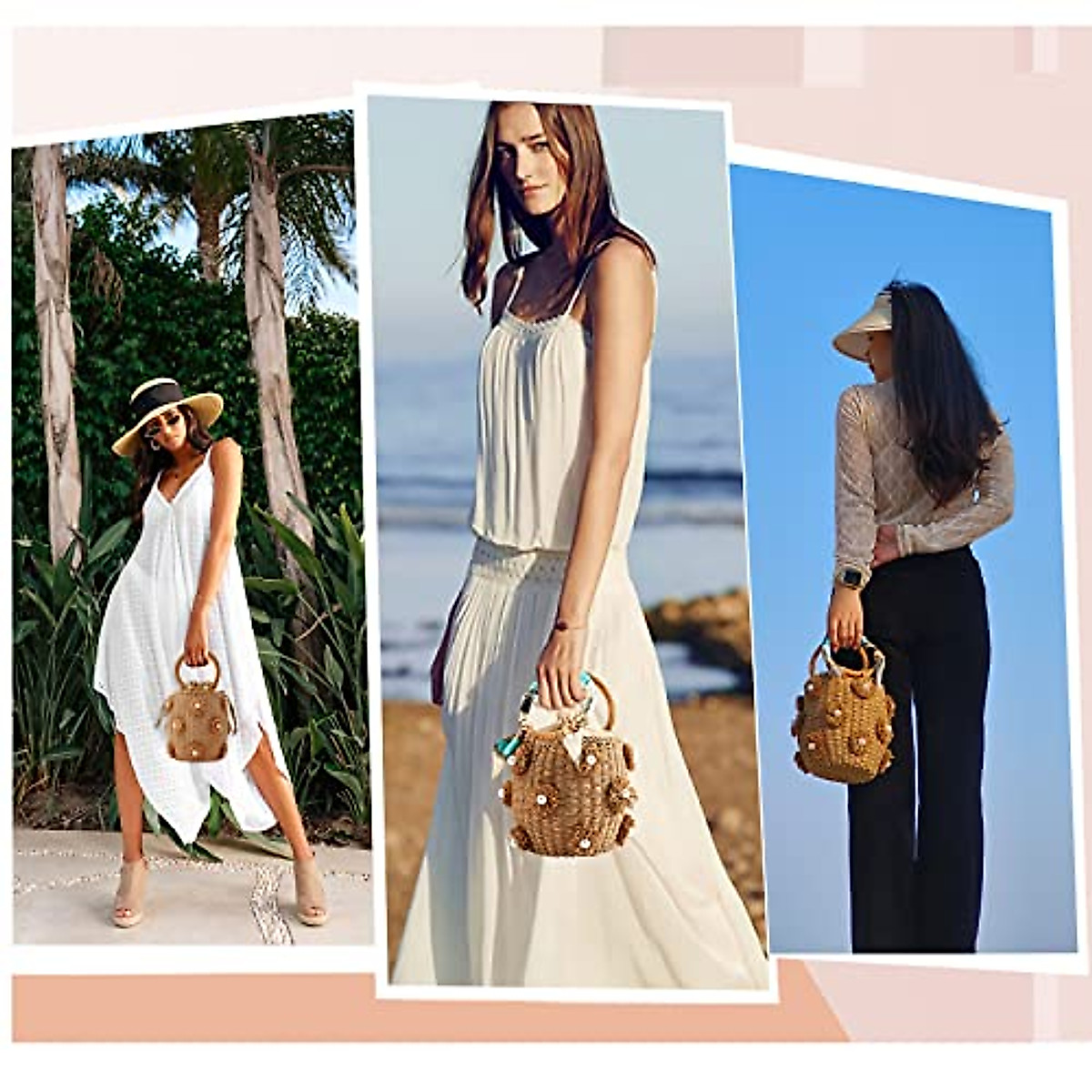 NIBD Flower Pearls Rattan Tote Bag Summer Beach Drawstring Straw Bucket Bag Diamonds Woven Handbag (A Flower)