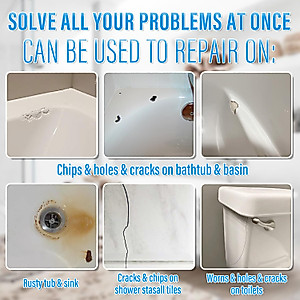 Tub Repair Kit White, Tub Chip and Bathtub Repair Kit for Enamel, Fiberglass, Acrylic, Porcelain, Patch and Repairs Chips, Cracks, Scratches, Rust, Holes on Tub, Toilet, Sink, Shower, Tray in Bathroom