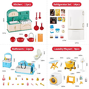 TAKIHON Dollhouse Furniture Set,Dollhouse Bathroom/Kitchen/Fridge/Washing Machine Laundry Set for Kids,Doll House Miniature Accessories,Educational Pretend Play Toys for Toddler,Boys,Girls
