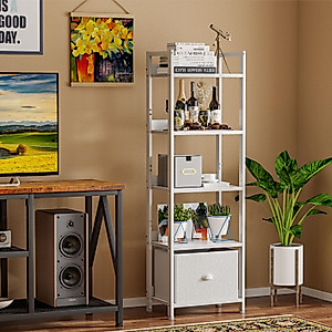 Furologee 5 Tier Bookshelf with Drawer, Tall Narrow Bookcase with Shelves, Wood and Metal Book Shelf Storage Organizer, Modern Display Standing Shelf Unit for Bedroom, Living Room, Office, White