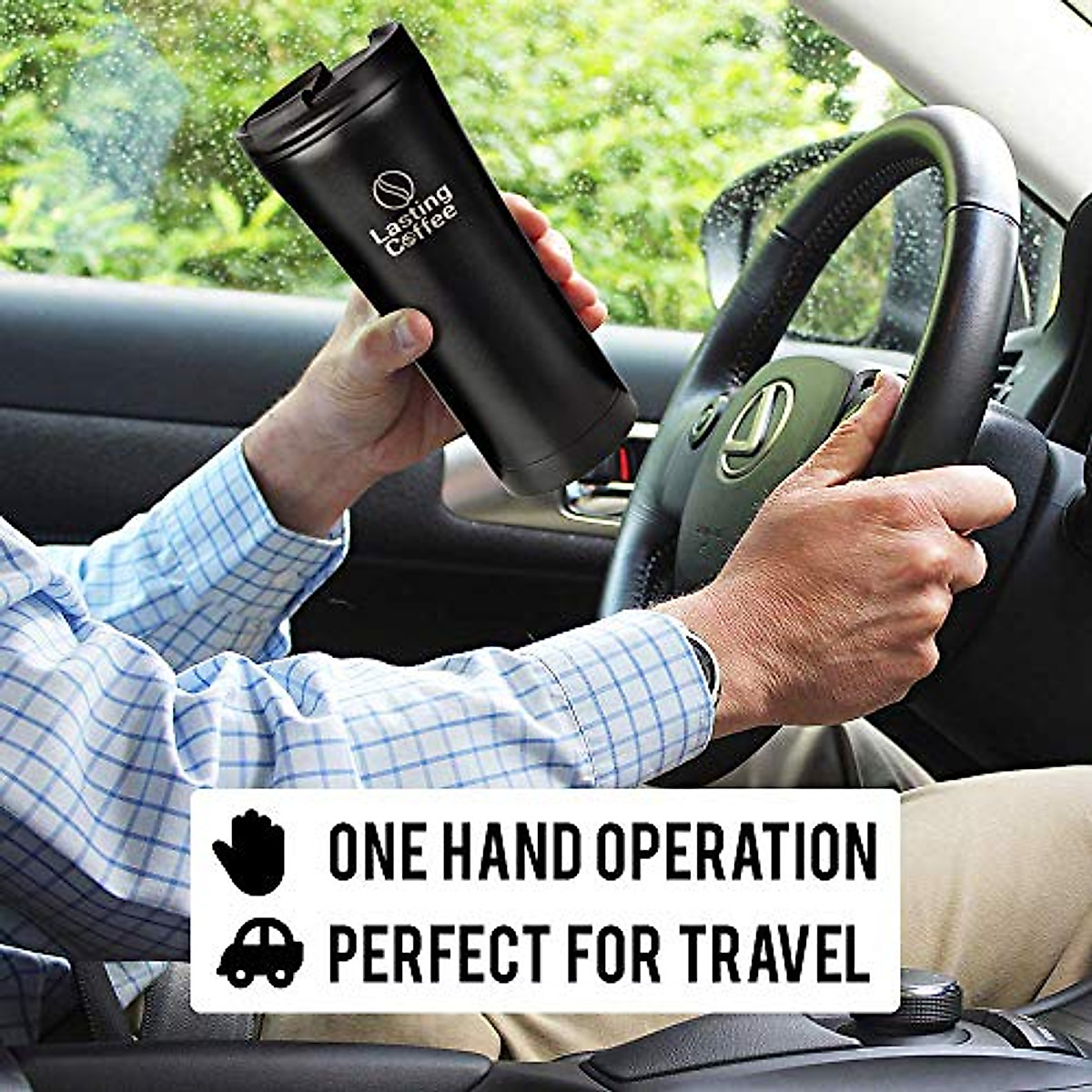 Lasting Coffee Leak Proof Dishwasher Safe Double Wall Vacuum Insulated Stainless Steel Travel Mug, 16 oz (Black)