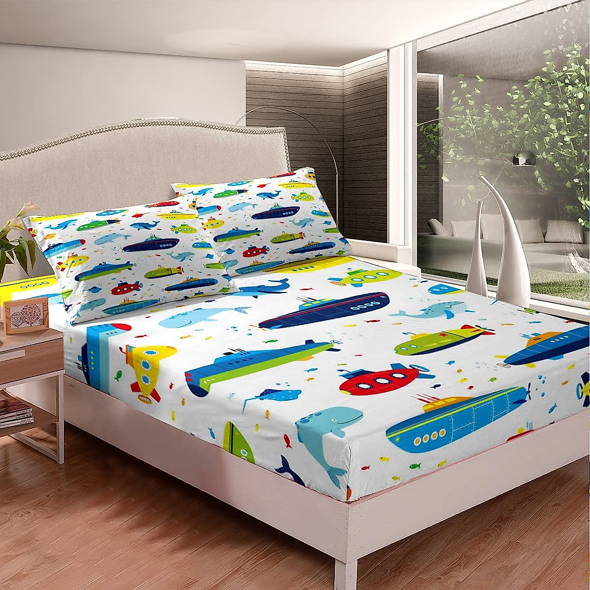 Submarines Bedding Set Twin Size Dolphin and Whale Bed Set for Girls Teens Bedroom Decor Kids Underwater World Fitted Sheet Soft Microfiber Ocean Theme Bed Cover(1 Fitted Sheet+1 Pillow Case)
