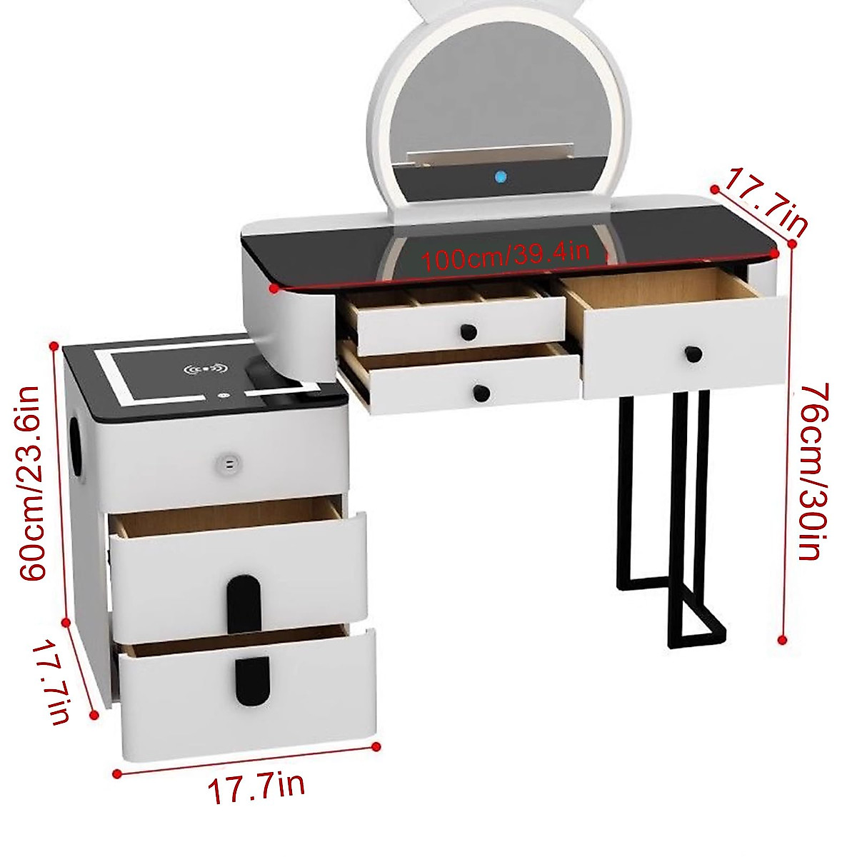 Topjia Makeup Vanity Set with Wireless Charging Station & Bluetooth Speaker, 6 Drawers Cute Smart Makeup Mirror Vanity Desk Chair,Large Capacity Movable Side Cabinet Makeup Vanity for Bedroom
