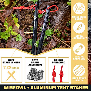 Wise Owl Outfitters Tent Stakes - Heavy Duty Camping Stakes for Outdoor Tent & Tarp - Essential Camping Accessories, Available in 12pk or 16pk Black