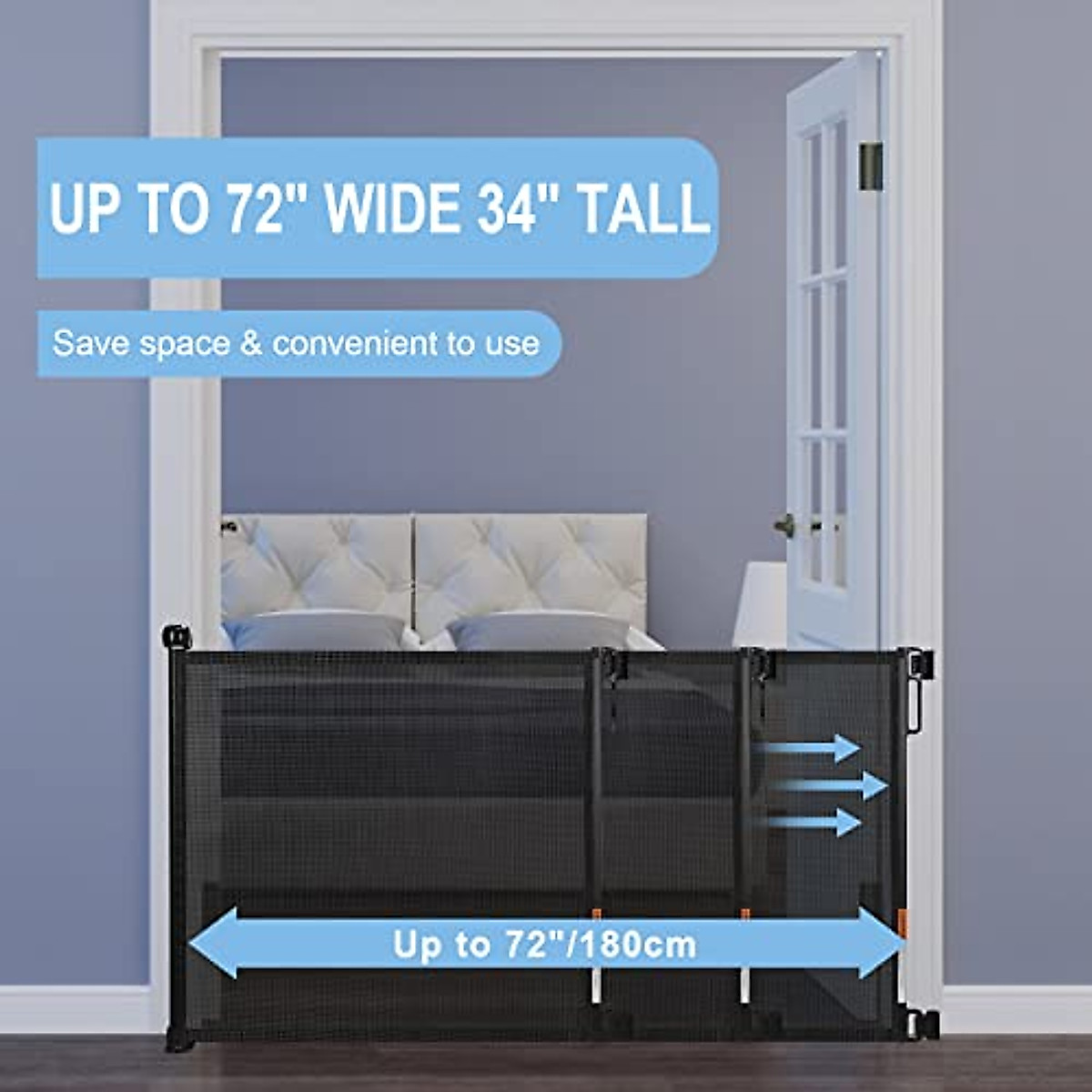 Retractable Baby Gate, PRObebi Retractable Dog Gate for Babies and Pets 34" Tall Extends to 72" Wide, Retractable Mesh Gate for Doorways, Stairs, Hallways, Indoor/Outdoor (Black)