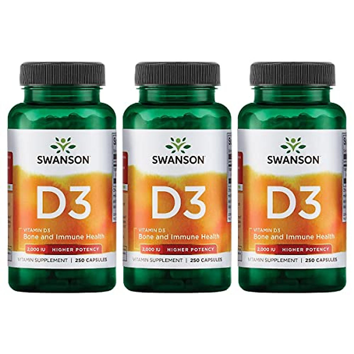 Swanson Higher Potency Vitamin D-3 2000 Iu - Sunshine Vitamin Bone, Immune Support (50 mcg) 250 Capsules (3 Pack)