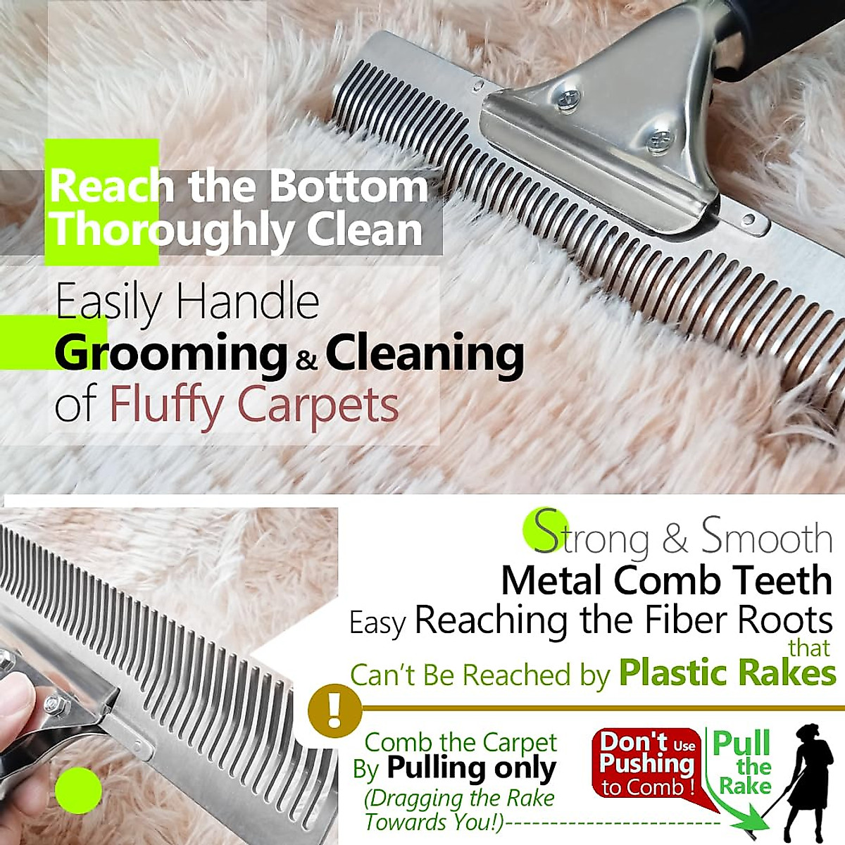 Carpet Rake - Carpet Rake for Pet Hair Removal - Carpet Brush Carpet Broom for Fluffy Rug - Carpet Hair Removal Tool, Pet Hair Carpet Rake, Rug Rake for Carpets for Pet Hair Rake for Carpet Cleaning