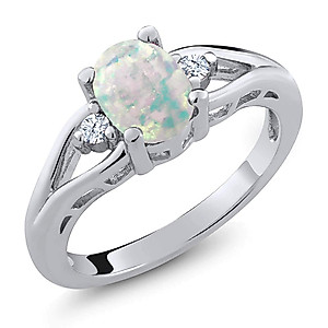 Gem Stone King 925 Sterling Silver White Simulated Opal & White Created Sapphire 3 Stone Engagement Ring For Women | 1.13 Cttw | Oval Cabochon 8X6MM | Round 2MM | Gemstone October Birthstone
