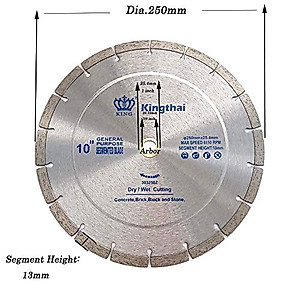 Kingthai 10 Inch Wet Dry Segmented Cutting Concrete Diamond Saw Blade for Masonry with 25.4mm Arbor