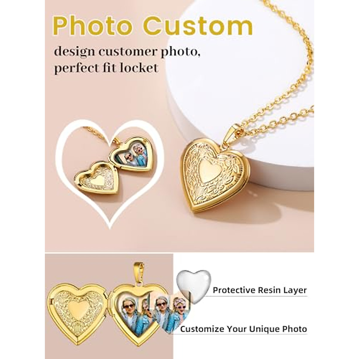 Gold Heart Lockets for Women, 18K Gold Plated Love Locket Necklace That Holds Pictures with 22 Inch Chain for Her Loving Jewelry