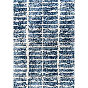 JONATHAN Y MBS101B-3 Merida Stacked Grid Shag Indoor Area -Rug Bohemian Modern Glam Easy -Cleaning Bedroom Kitchen Living Room, 3 X 5, Indigo Blue/Ivory