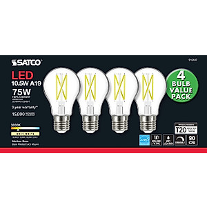 Satco S12437 A19 LED 4-Bulb Value Pack, 75W Replacement, 3000K, Clear