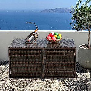 Outdoor 110 Gallon Rattan Deck Box, Wicker Patio Storage Cabinet Waterproof Storage Double Openable Door Cabinet Rattan Storage Deck Box with Lid and Separate Storage Shelf for Garden, Patio, Porch, Yard, can Store Cushions, Tools, Toys,Brown