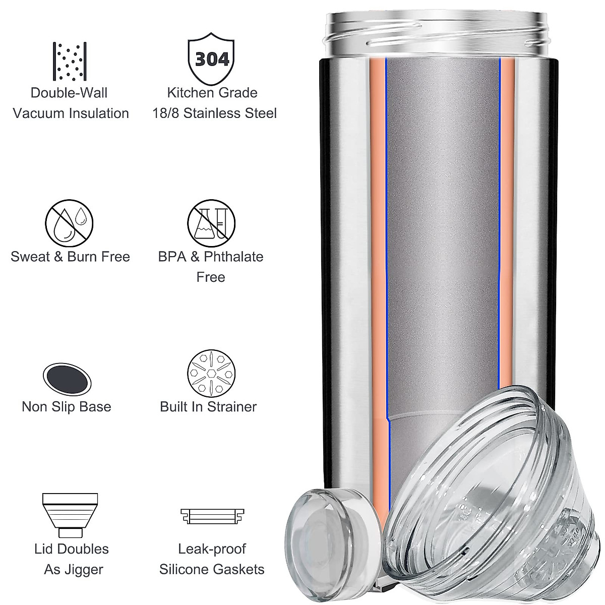 Cocktail Shaker with Measuring System - Signice 20 Oz Vacuum Insulated Martini Shaker Stainless Steel Margarita Drink Shaker Mixer for Bartender,100% Leak Proof