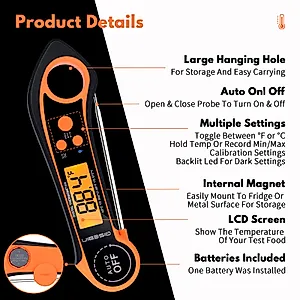 Qisebin Meat Thermometer for Cooking, Fast & Precise Grill Food Thermometer with Backlight, Magnet, Calibration & Foldable Probe for Deep Fry, BBQ, Grill & Roast Turkey, Black, Qisebin-Safere11-DT-68