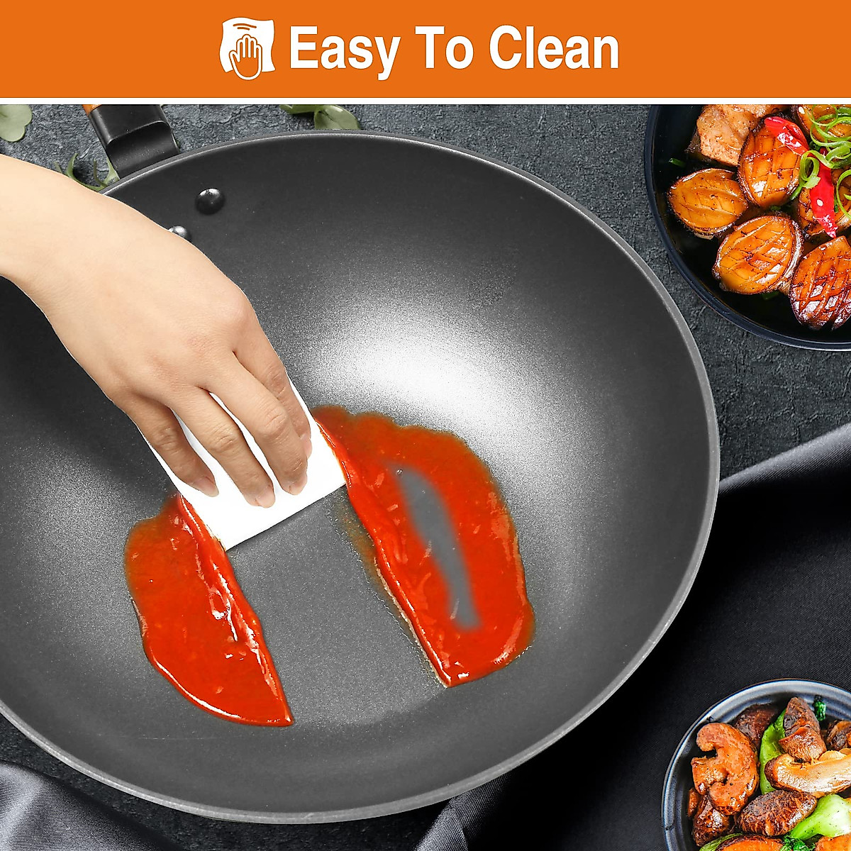 Anyfish Wok Pan with Lid, 13in Woks & Stir Fry Pans with Silicone Spatula, Nonstick Wok and Carbon Steel Woks, No Chemical Coated Flat Bottom Chinese Wok For Induction, Electric, Gas, All Stoves
