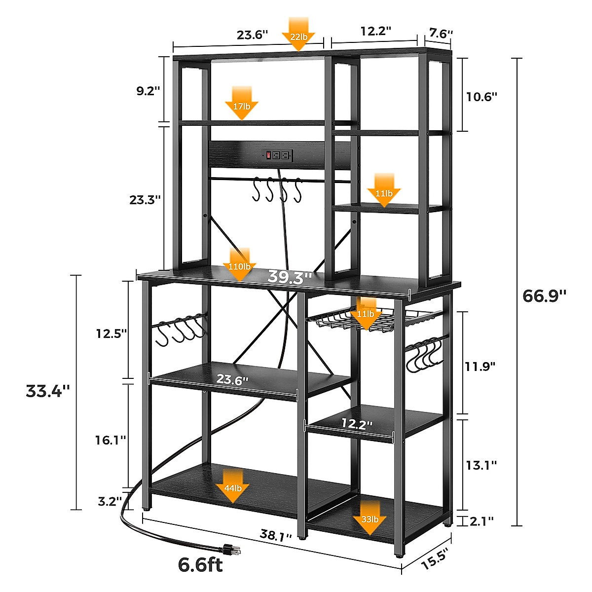 SUPERJARE Large Bakers Rack with Power Outlets, 6-Tier Microwave Stand, Coffee Bar with 12 S-Shaped Hooks, Kitchen Shelf with Wire Basket, 39.3 x 15.5 x 66.9 Inches, Black