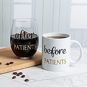 PUGED Before Patients After Patients Gift Package Set 11 oz Coffee Mug and 18 oz Stemless Wine Glass for Dentist Unique Nurses Day Graduation Gifts