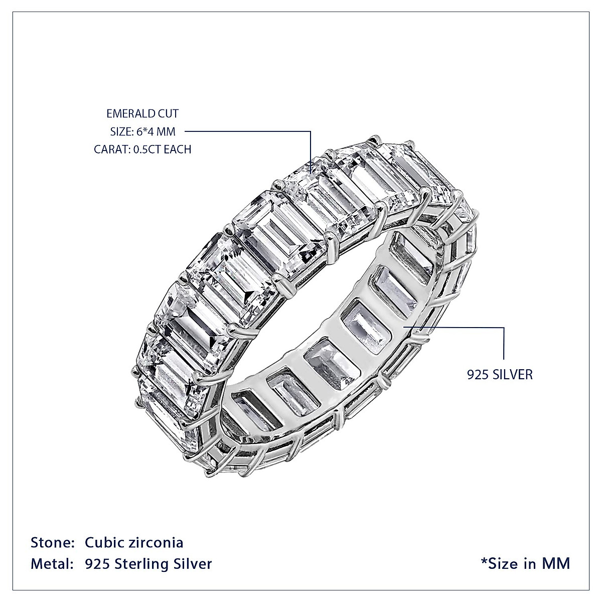 DIAMONBLISS Eternity Ring For Women 14K Yellow Gold, Rose Gold, Platinum Plated 925 Sterling Silver Infinity Band | 10.30 Carats Emerald Cut Cubic Zirconia CZ Simulated Diamond (White, 7)
