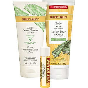 Burt's Bees Christmas Gifts, 3 Body Care Stocking Stuffers Products, Hydration Station Set - Unscented Lip Balm, Gentle Cream Cleanser & Aloe Shea Butter Body Lotion