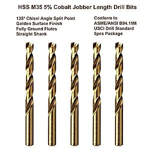 MAXTOOL 17/64" 5pcs Identical Jobber Length Drills HSS M35 Twist Drill Bits 5% Cobalt Fully Ground Golden Straight Shank Drills; JBF35G10R17P5