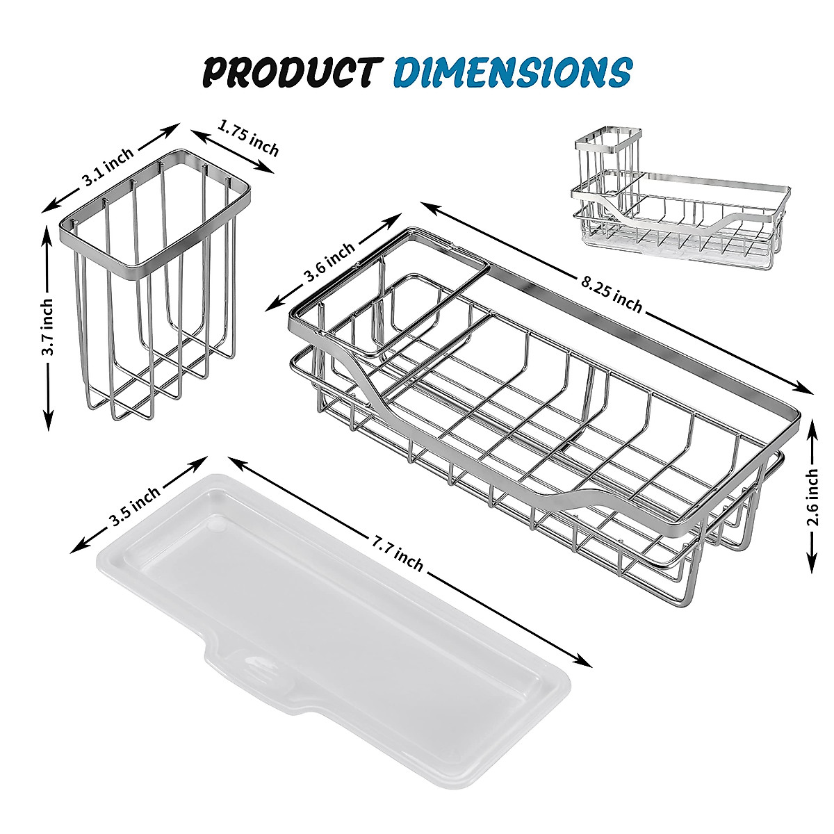COCOBOSS Sink Caddy Kitchen Sink Organizer, Sponge Holder for Kitchen Sink Premium Stainless Steel Rustproof with Removable Drip Tray and Anti-Slip Bar - Silver(8.5 x 3.6 x 4.9 in)