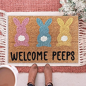 Easter Day Coir Door Mat Outdoor Your Name Est Bunny Happy Absorbent 23×16Inch Low-Profile Indoor Floormats Muddy