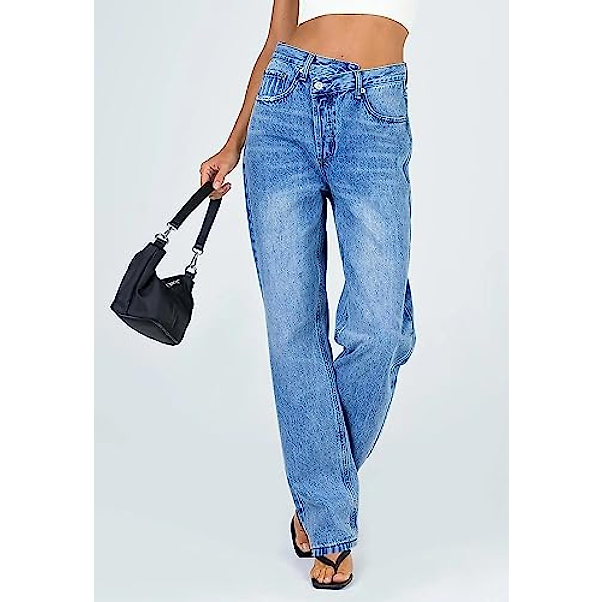 PLNOTME Women's Low Waisted Jeans Trendy Straight Leg Boyfriend Crossover Casual Denim Pants Blue