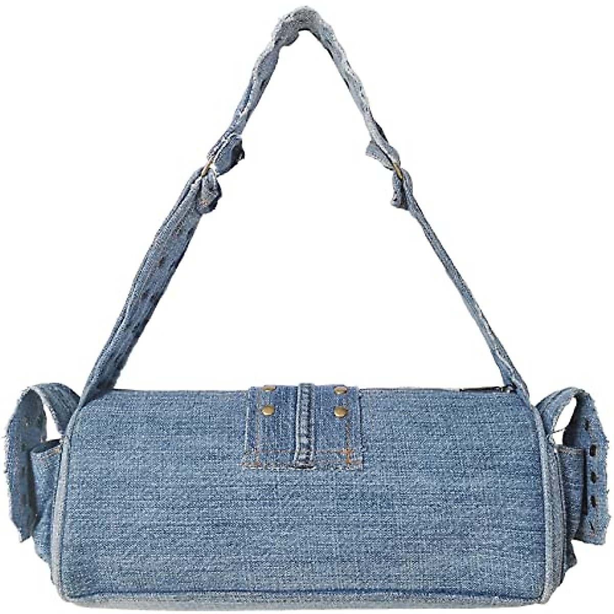 Bijoux De Ja Upcycling Blue Denim Jeans Punk Brass Rivet Studded Buckle Belt Decorative Barrel Shoulder Handle Handbag Purse