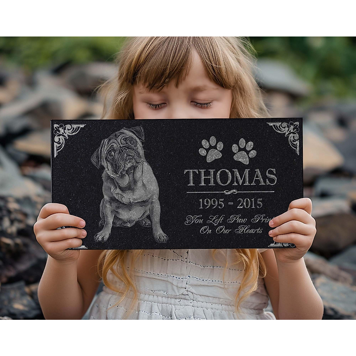 You Left Paw Prints on Our Hearts Pet Memorial Stones Personalized Headstone Grave Marker Absolute Black Granite Garden Plaque Engraved with Dog Cat Name Dates