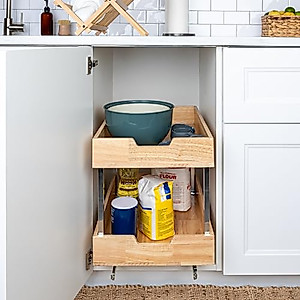 Household Essentials 2 Tier Pull Out Cabinet Organizer, Solid Wood Basket, Fully Extending Gliders, Bottom Cabinet Organizer, Heavy-Duty, Natural Finish and Chrome