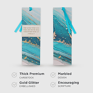 Christian Art Gifts Teal Marble Swirl Premium Scripture Bookmark God Will Be with You Joshua 1:9 Bible Verse Metallic Gold Accent Inspirational Bookmark for Men and Women w/Satin Ribbon