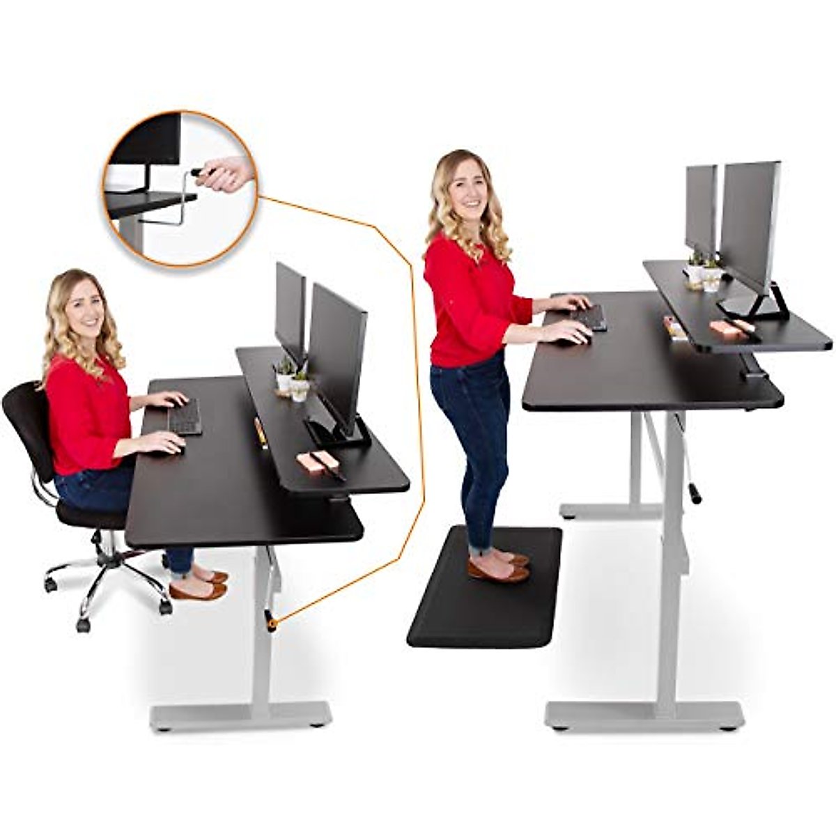 Stand Steady Tranzendesk 55 in Standing Desk with Clamp On Shelf | Easy Crank Height Adjustable Stand Up Workstation w/Attachable Monitor Riser | Holds 3 Monitors & Adds Desk Space (55/Silver Base)