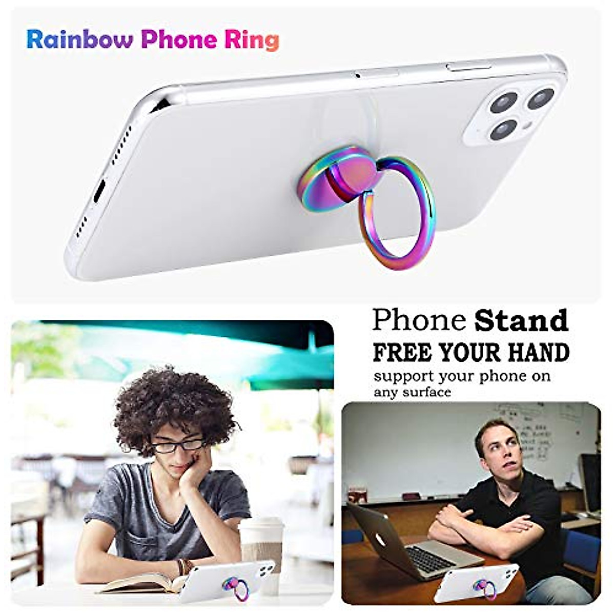 lenoup Rainbow Cell Phone Ring Stand Holder,Multicolor Ring Grip Kickstand,Iridescent 360 Rotation Metal Finger Ring for Phones,Pad