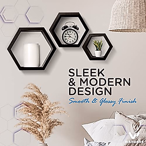 Set of 3 Pine Wood Hexagon Shelves for Wall Decor - Farmhouse Honeycomb Shelves for Living Room Decor, Kitchen Storage, Wall Mount Rustic Boho Shelves