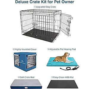 Heated Dog House for Outdoor, Dog Crate Kit for Small Medium Intermediate Dogs, 2 Doors Heavy-Duty Dog Kennel Value Pack with Insulated Crate Cover & Bed & Adjustable Pet Heating Pad (36 Inch Kit)