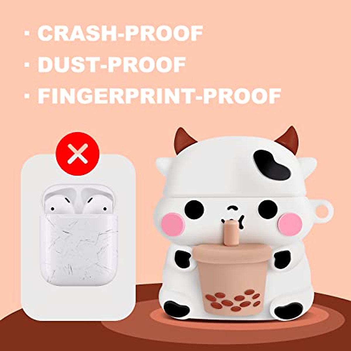 MOLOVA Case for Airpods 1&2,Soft Silicone 3D Cute Funny Cool Fun Cartoon Character Kawaii Fashion Cover with Keychain (Boba Tea Cow)