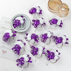 WeddingBobDIY 12Pcs/lot Women Bride Bridal Bridesmaid Wrist Corsage Silk Rose Pearls Girls Wedding Hand Flowers Party Decoration (Purple)