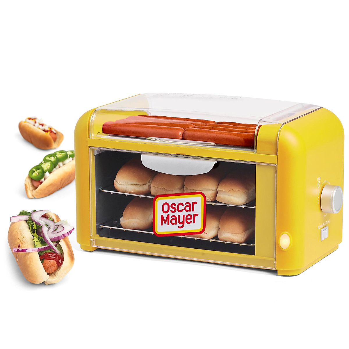 Oscar Mayer Extra Large 8 Hot Dog Roller & 8 Bun Toaster Oven, Stainless Steel Grill Rollers, Non-stick Warming Racks, Perfect for Hot Dogs, Egg Rolls, Veggie Dogs, Sausages, Brats, Adjustable Timer